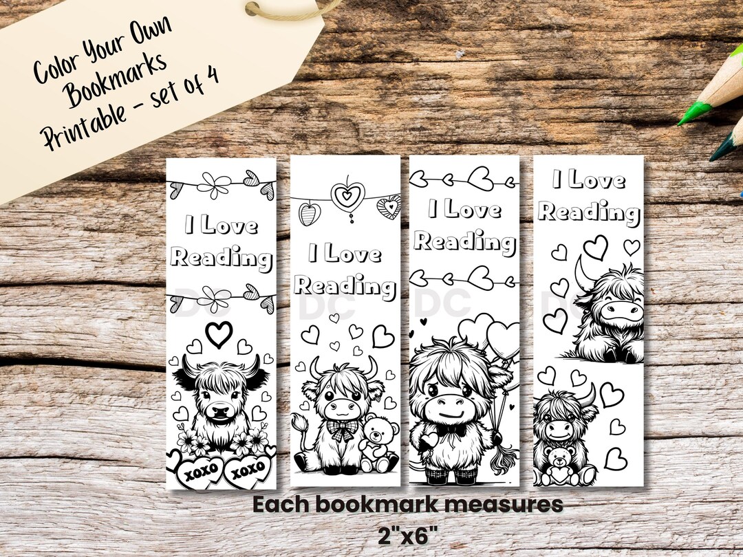 Valentine Highland Cow Bookmarks, Heart Bookmarks, Printable Set of 4 ...
