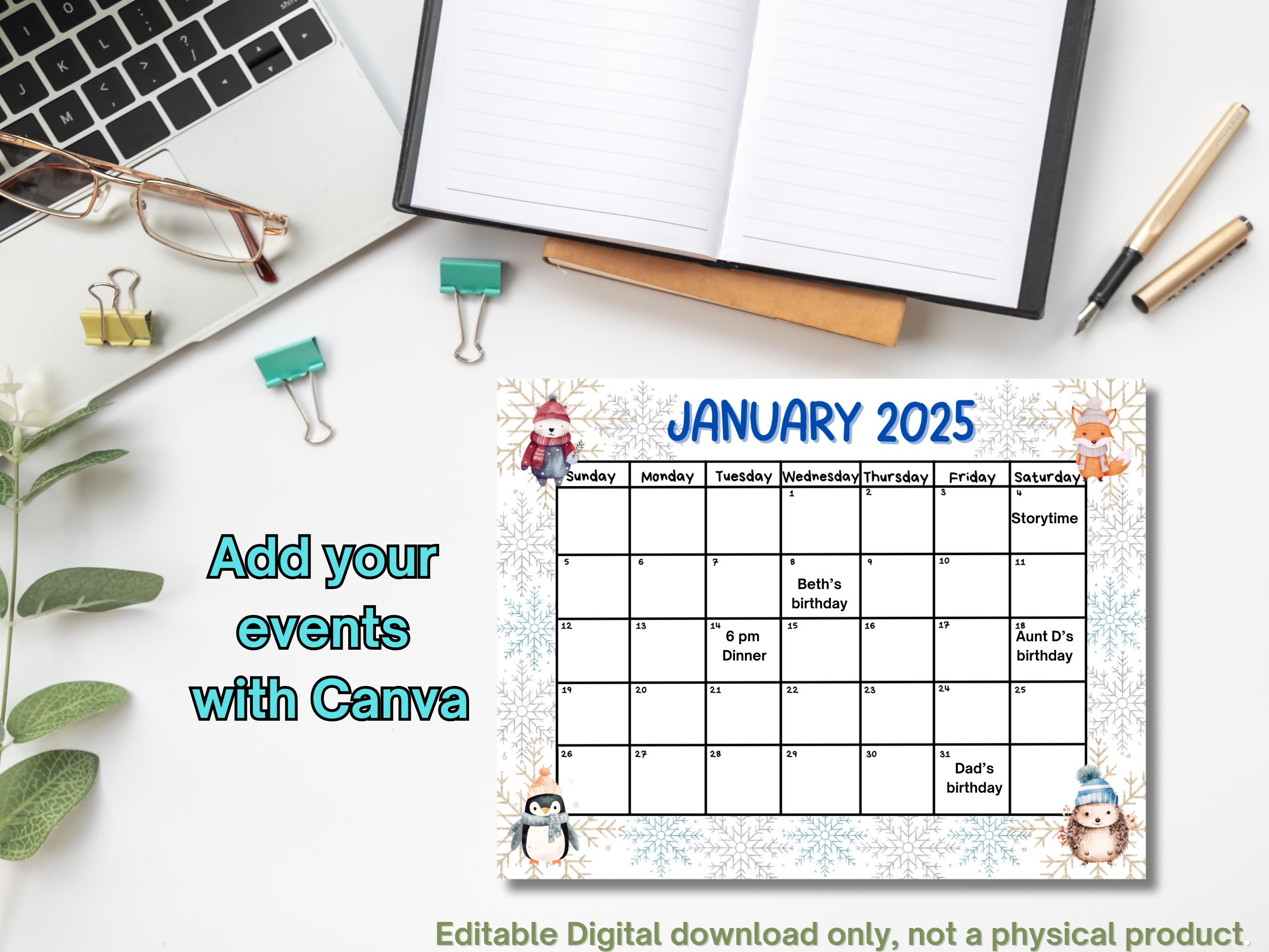 EDITABLE January Calendar 2025, Winter Themed Calendar, Animal Calendar ...