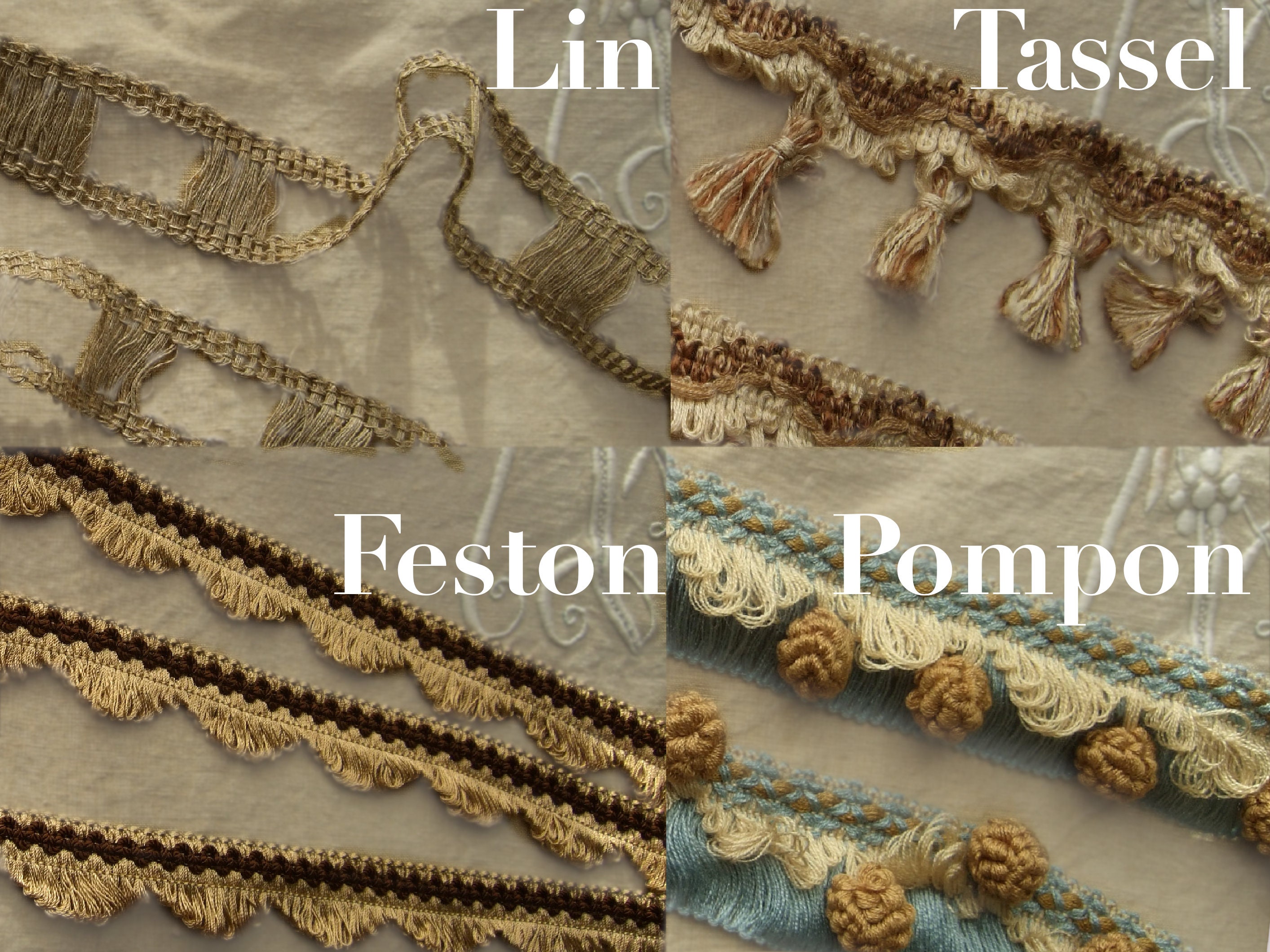 French Vintage Trim, Sold by the Meter, Beige Brown Blue, Pompon Tassel ...