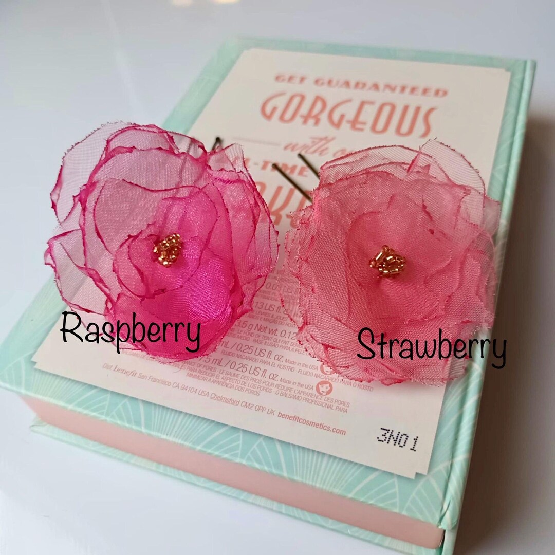 Pink Strawberry Raspberry Color Flower Hair Pin, Tiny Organza Rose ...