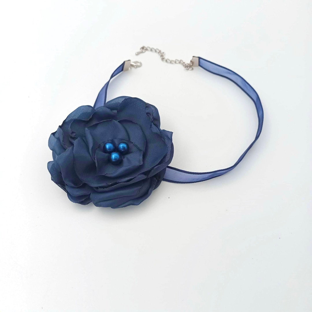Dark Blue Flower Choker Necklace, Handmade Satin Rose, 3/8 Ribbon ...