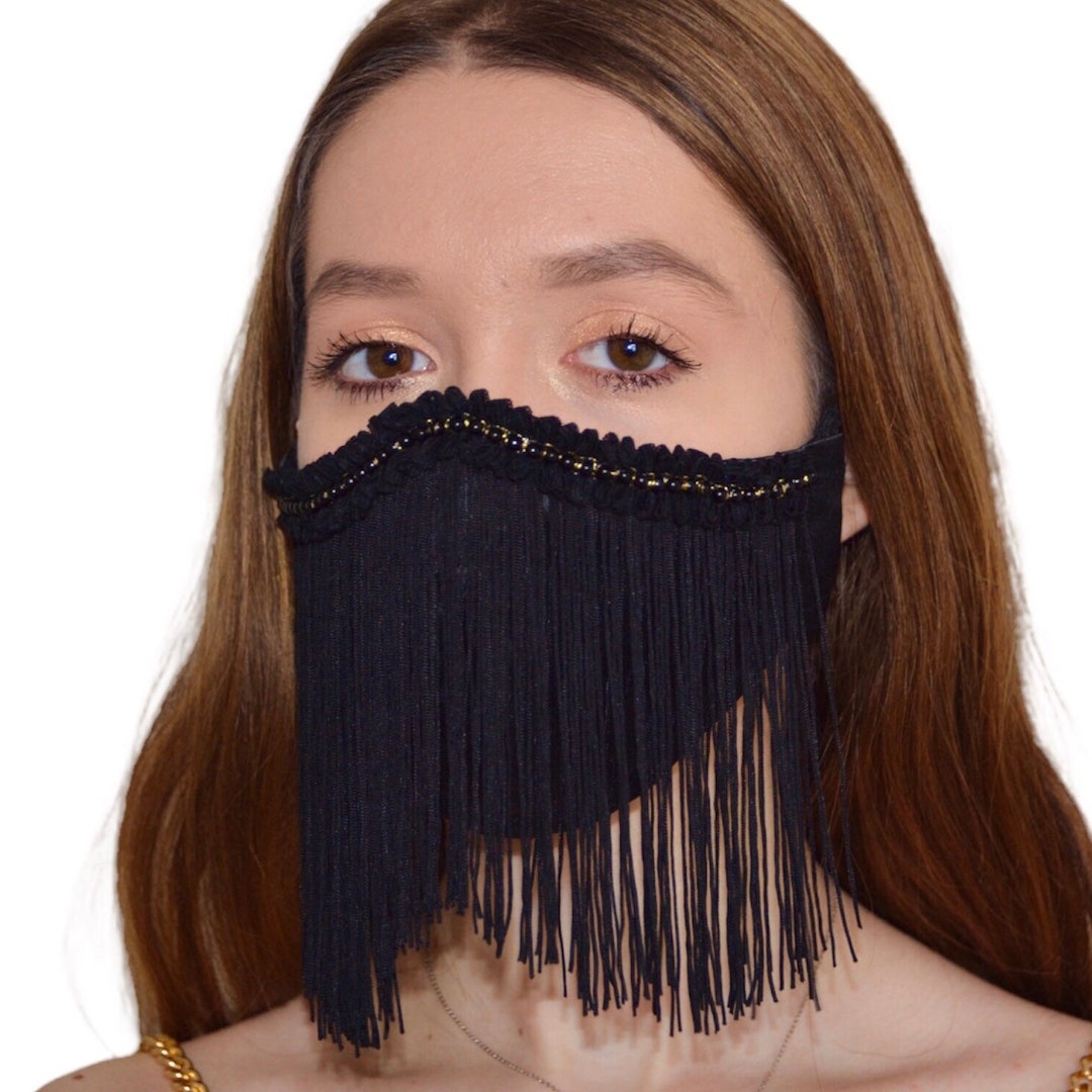 Luxury Black Fringe Silky Face Mask Fancy Cute Taffeta Mask - Etsy