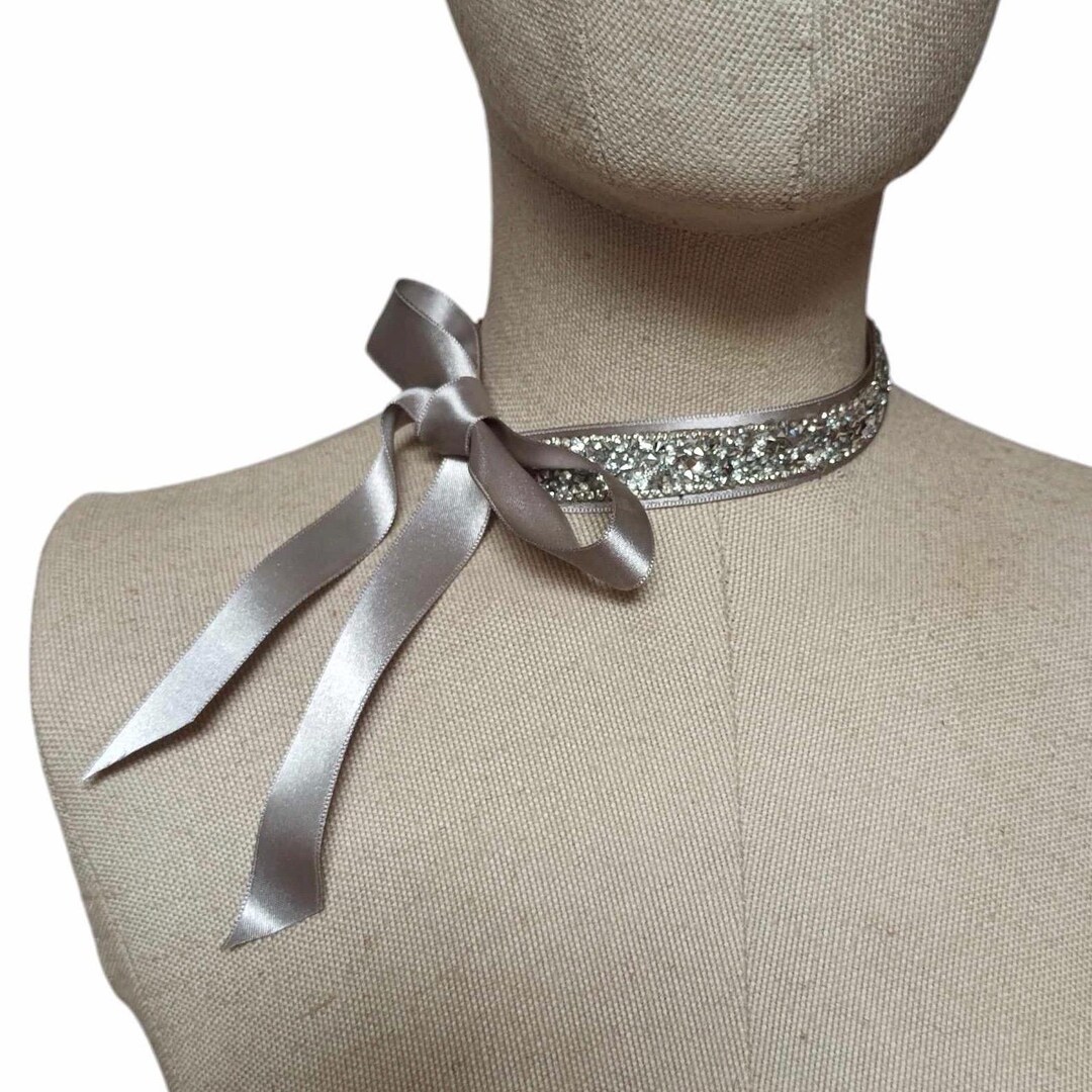 Elegant Bow Rhinestone Choker Necklace, Silver Satin Long Tie Ribbons ...