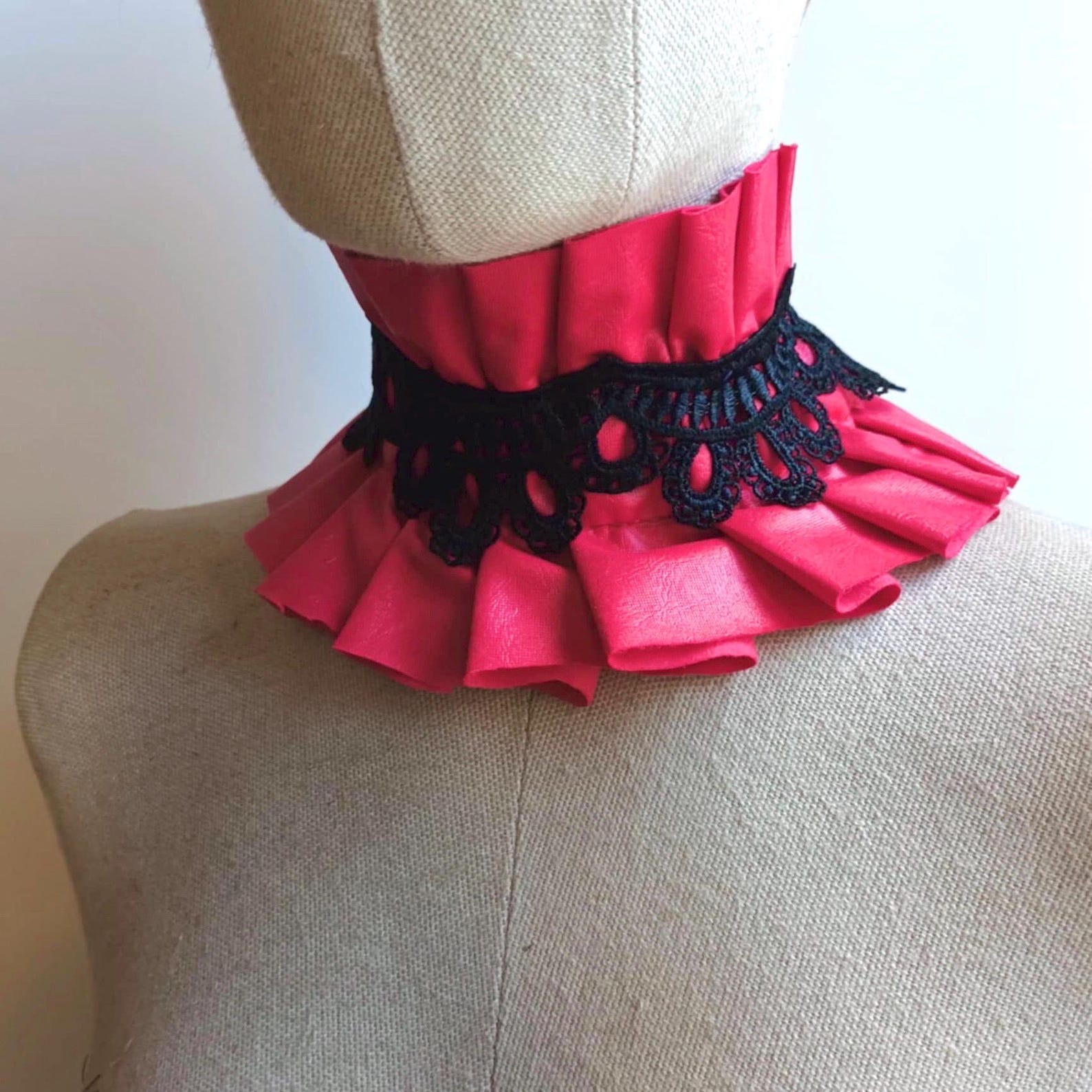 Red Faux Leather Ruffle Collar, Handmade Choker With Black Lace, Women ...