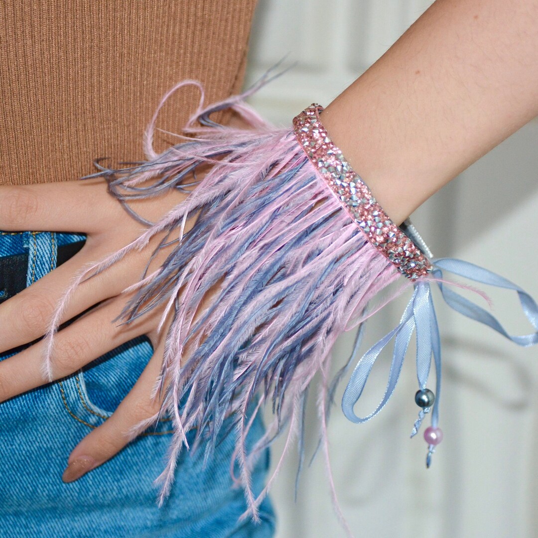 Pair Pink and Gray Feathers Wrist Cuffs. Ostrich Fluffy Feathers ...