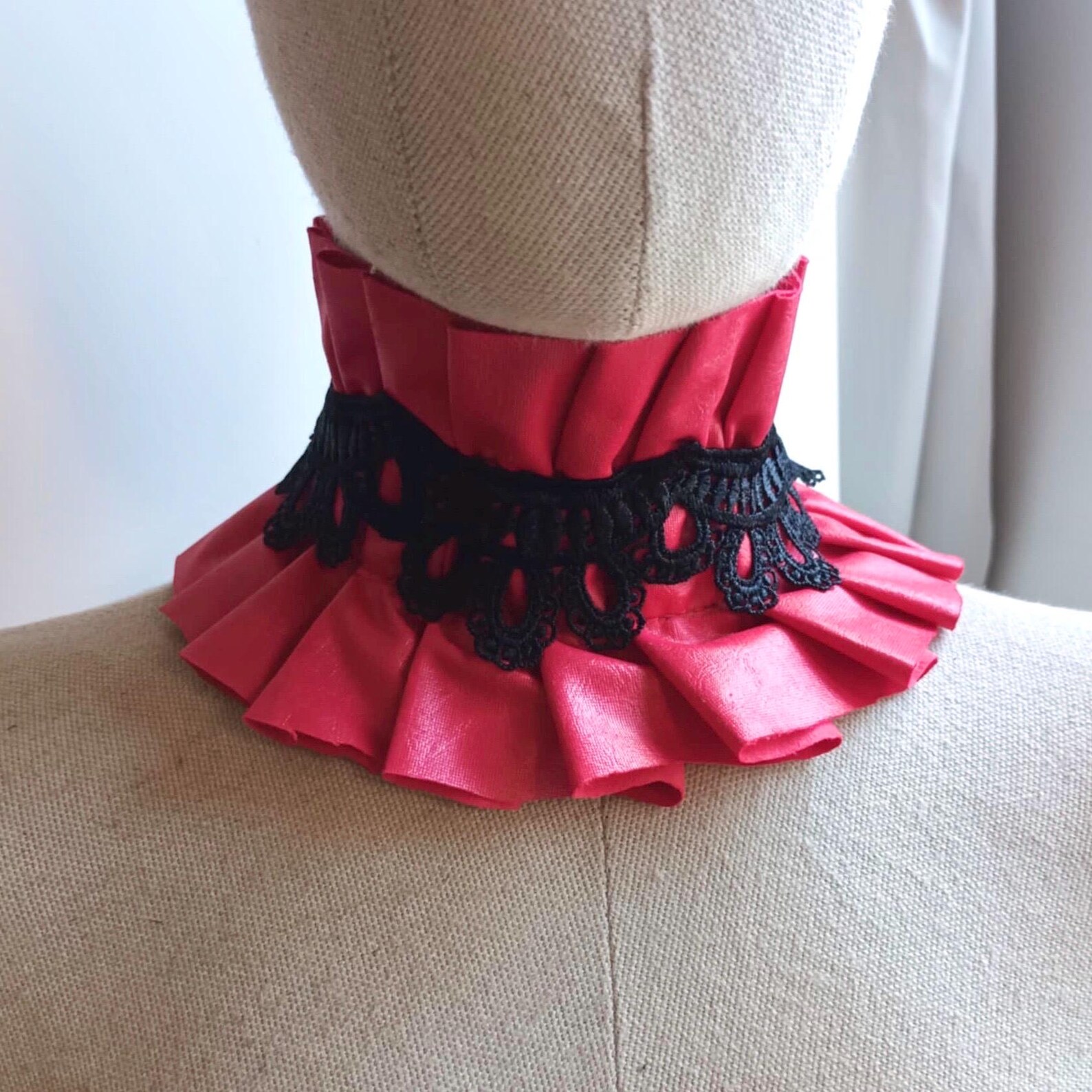 Red Faux Leather Ruffle Collar, Handmade Choker With Black Lace, Women ...