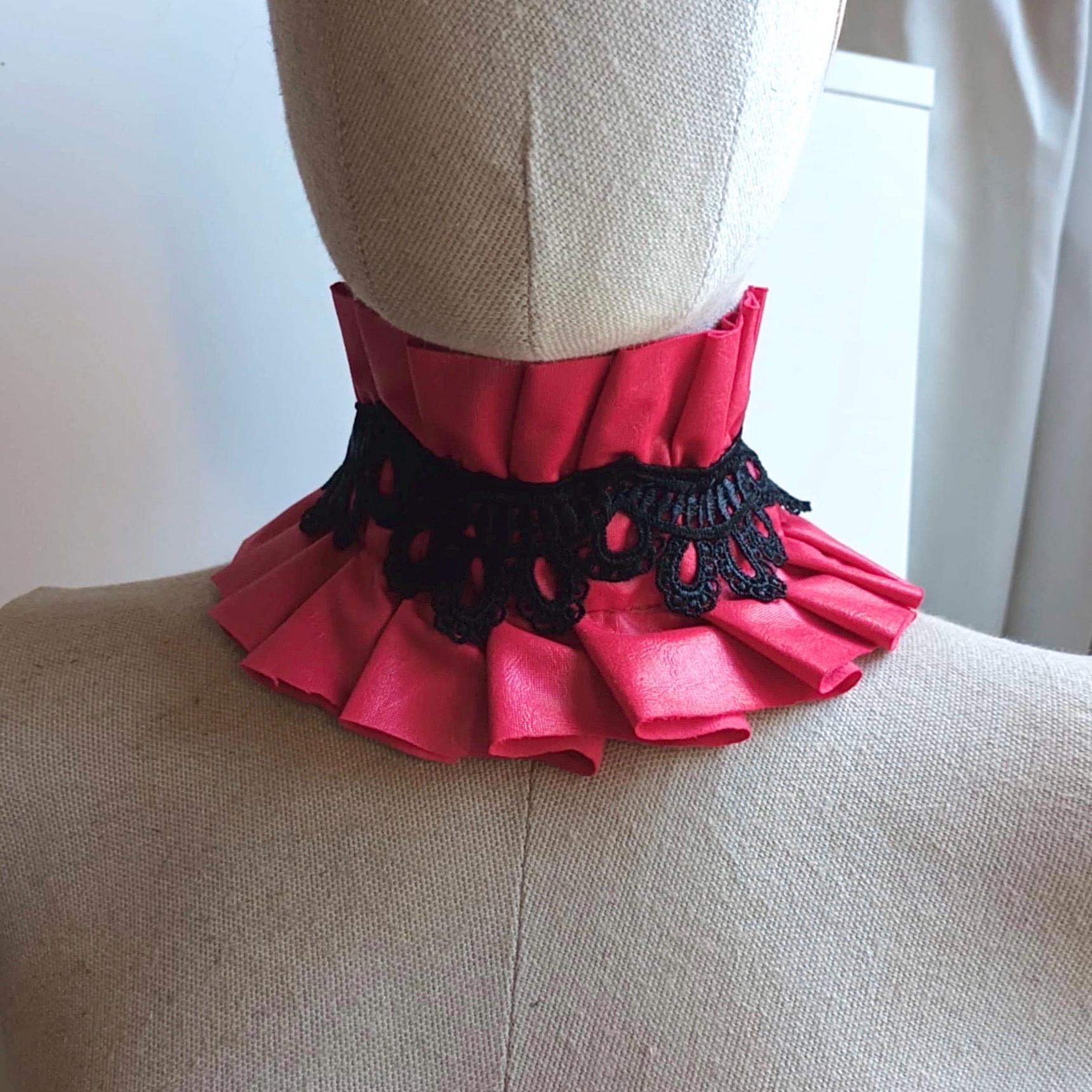 Red Faux Leather Ruffle Collar, Handmade Choker With Black Lace, Women ...