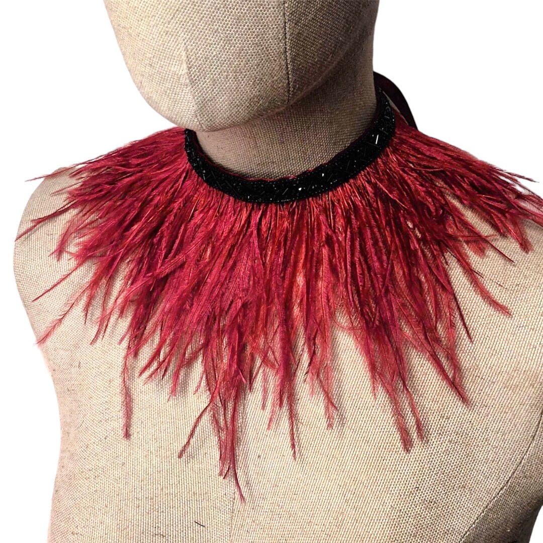 Burgundy Red Fringe Feathers Choker, Cherry Deep Red Ostrich Feathers ...