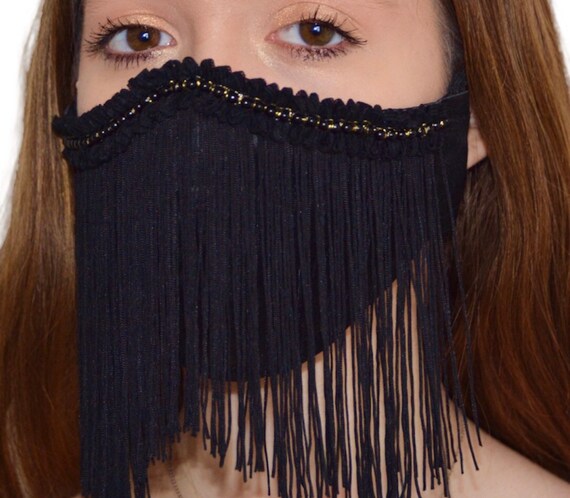 Luxury Black Fringe Silky Face Mask/ Fancy Cute Taffeta Mask - Etsy