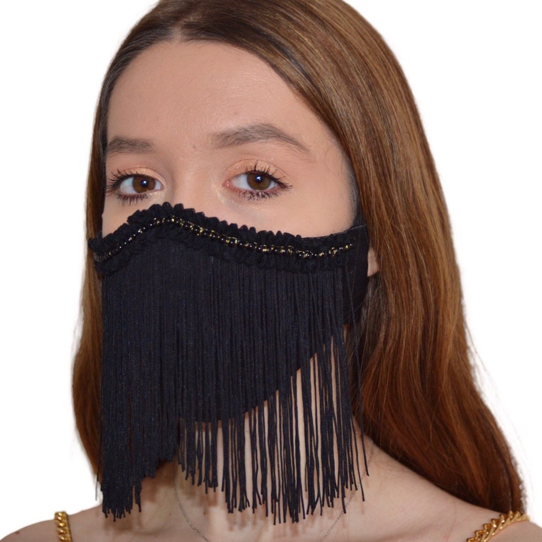 Luxury Black Fringe Face Mask, Fancy Cute Cotton Fabric Mask With 6 ...
