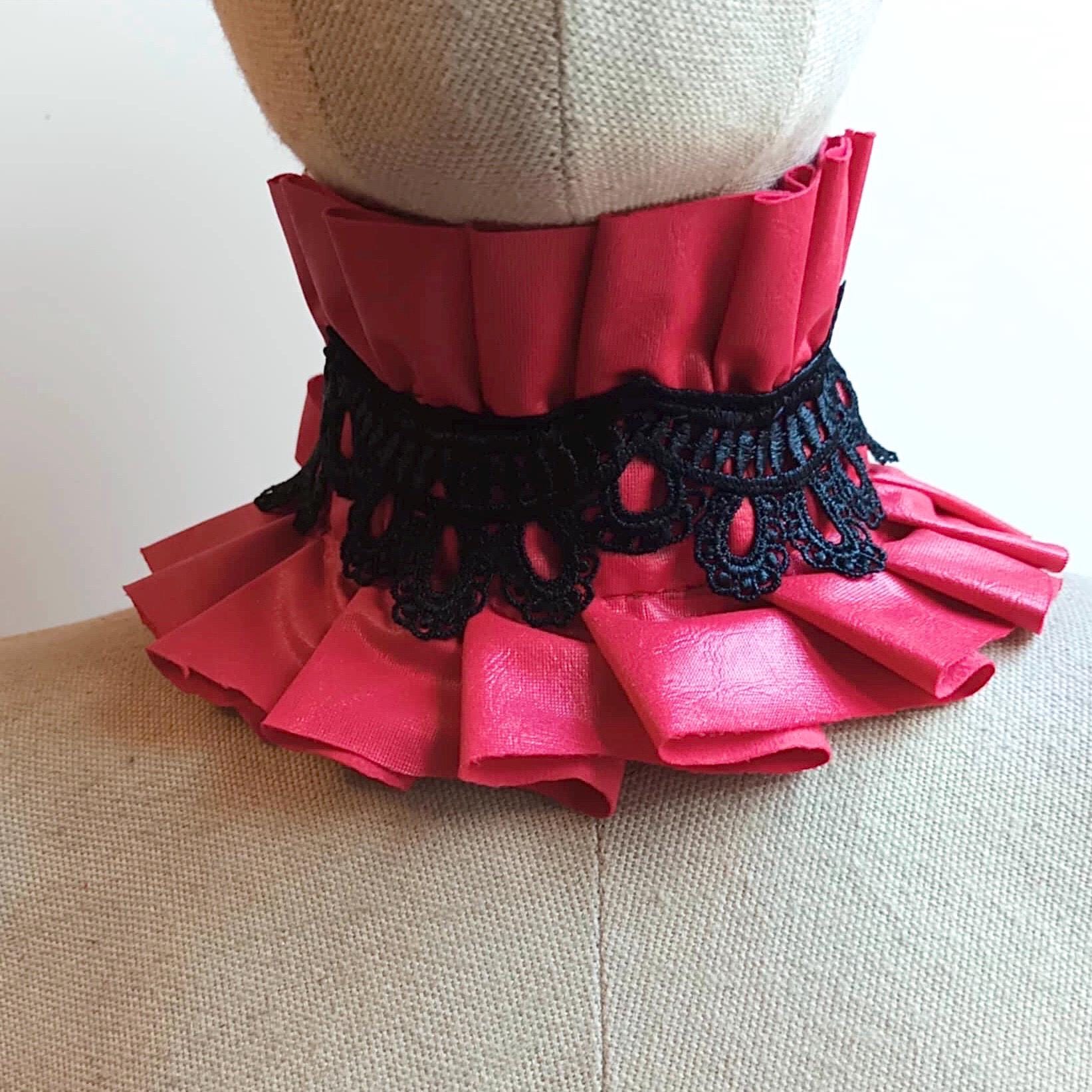 Red Faux Leather Ruffle Collar, Handmade Choker With Black Lace, Women ...