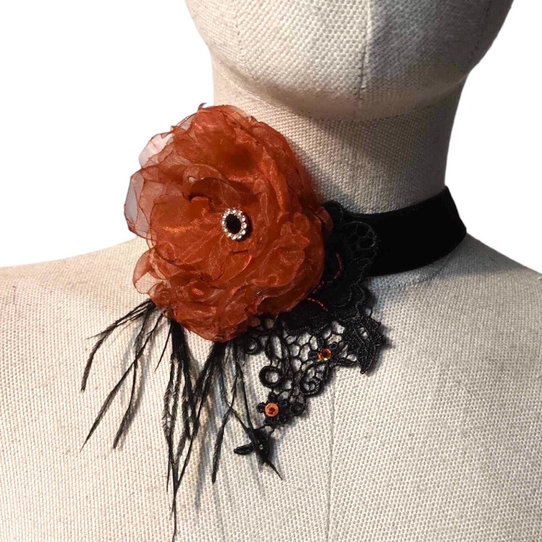 Burlesque Floral Choker Necklace, Elegant Copper Flower Black Velvet ...