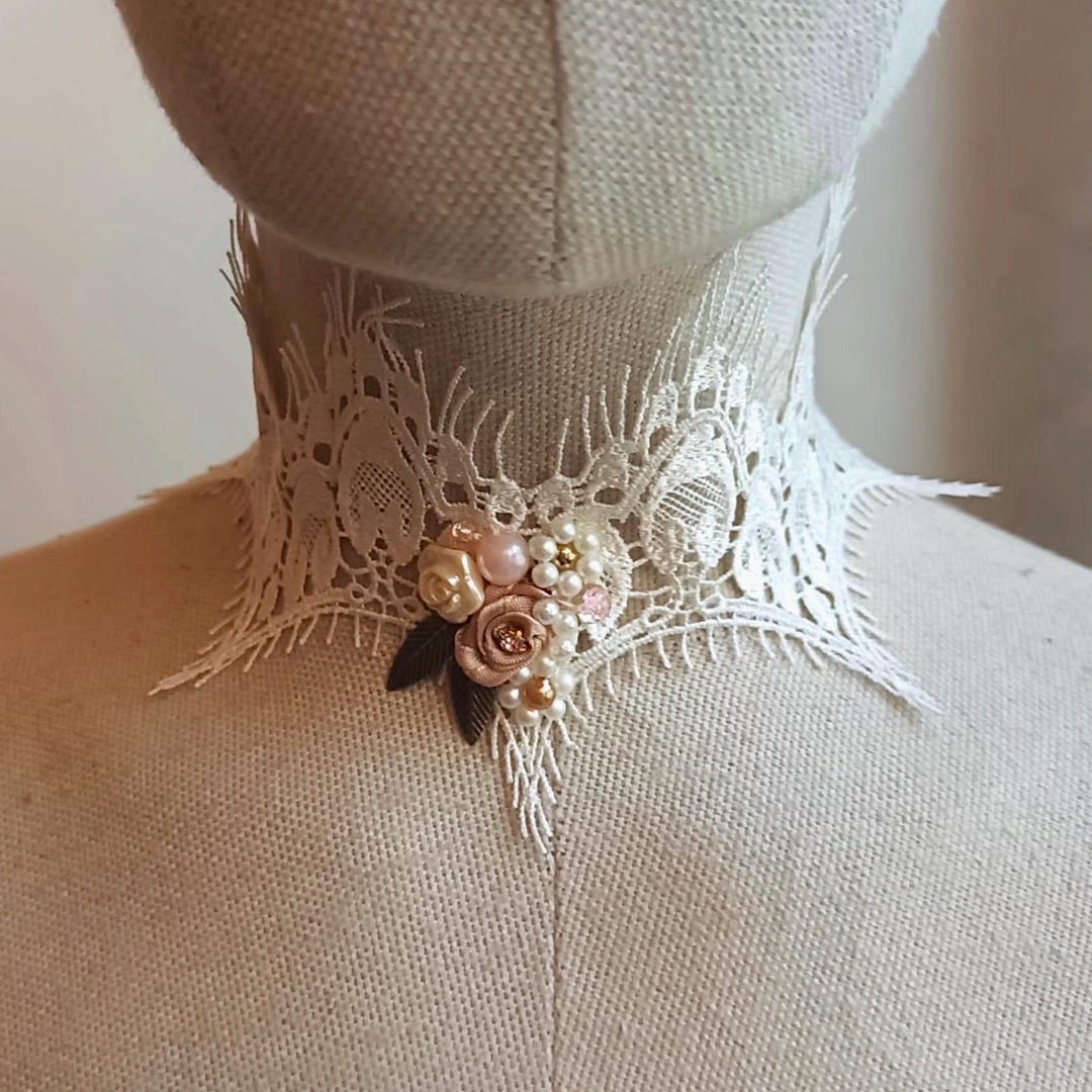 Vintage Style Ivory French Lace Choker, Bohemian Shabby Roses Pearls ...
