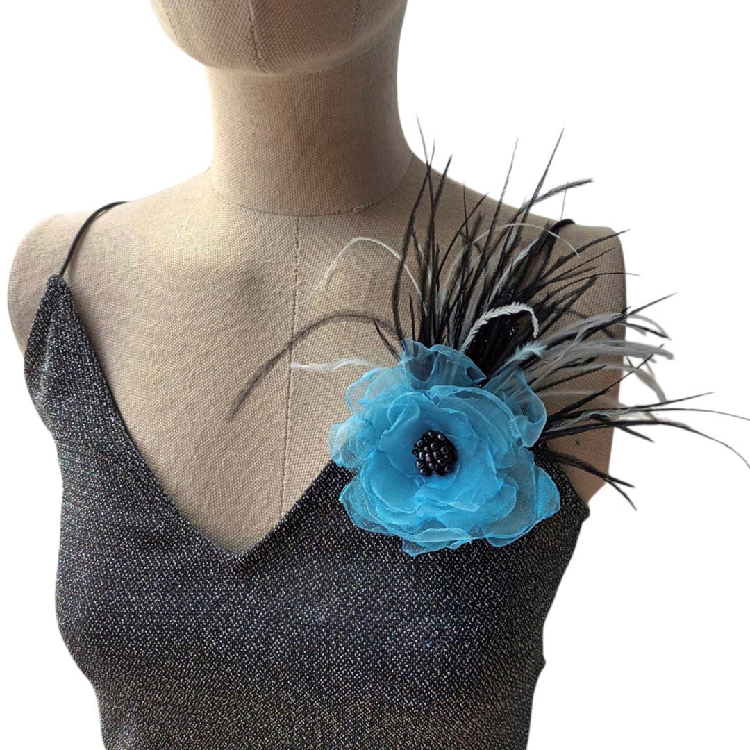 Blue Flower Brooch With Ostrich Feathers. Handmade Organza 3d Rosette ...