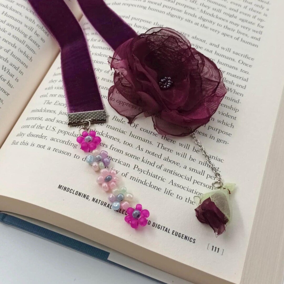 Purple Velvet Ribbon Bookmark, Handmade Organza Flower, Beaded Daisy ...
