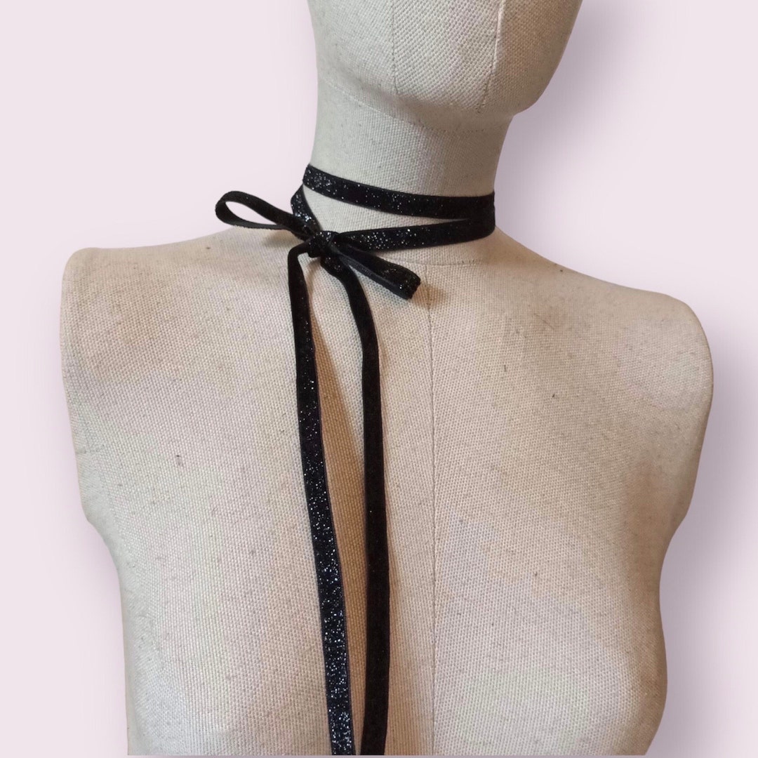 Sparkling Velvet Choker Necklace, Long Ribbons Bow, Black Necktie Scarf ...