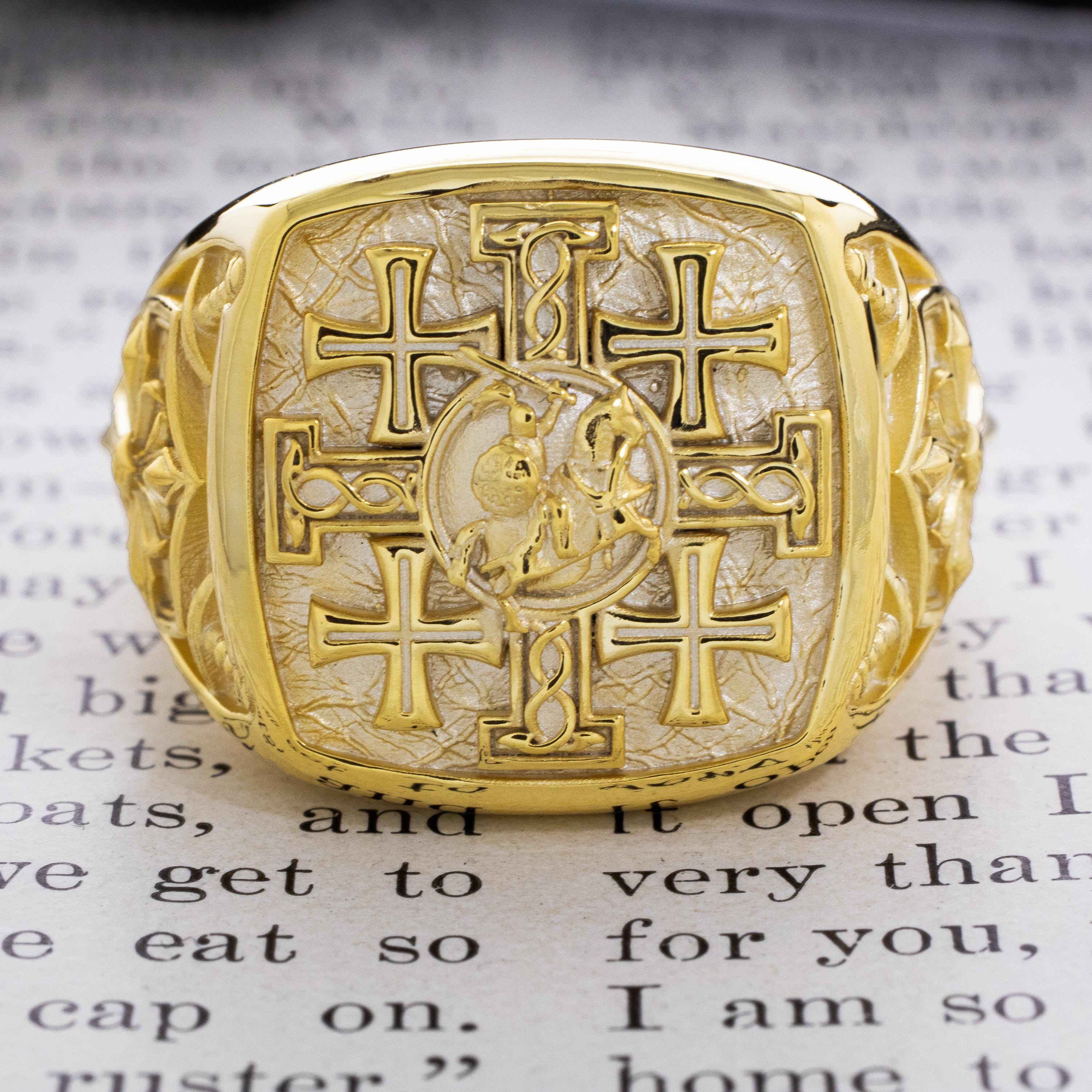 Jerusalem Cross Solid Gold Signet Ring, Knights Templar Christian Ring ...
