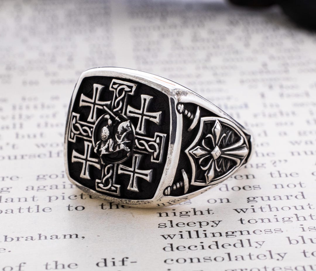 Jerusalem Cross Sterling Silver Signet Ring, Knights Templar Christian ...