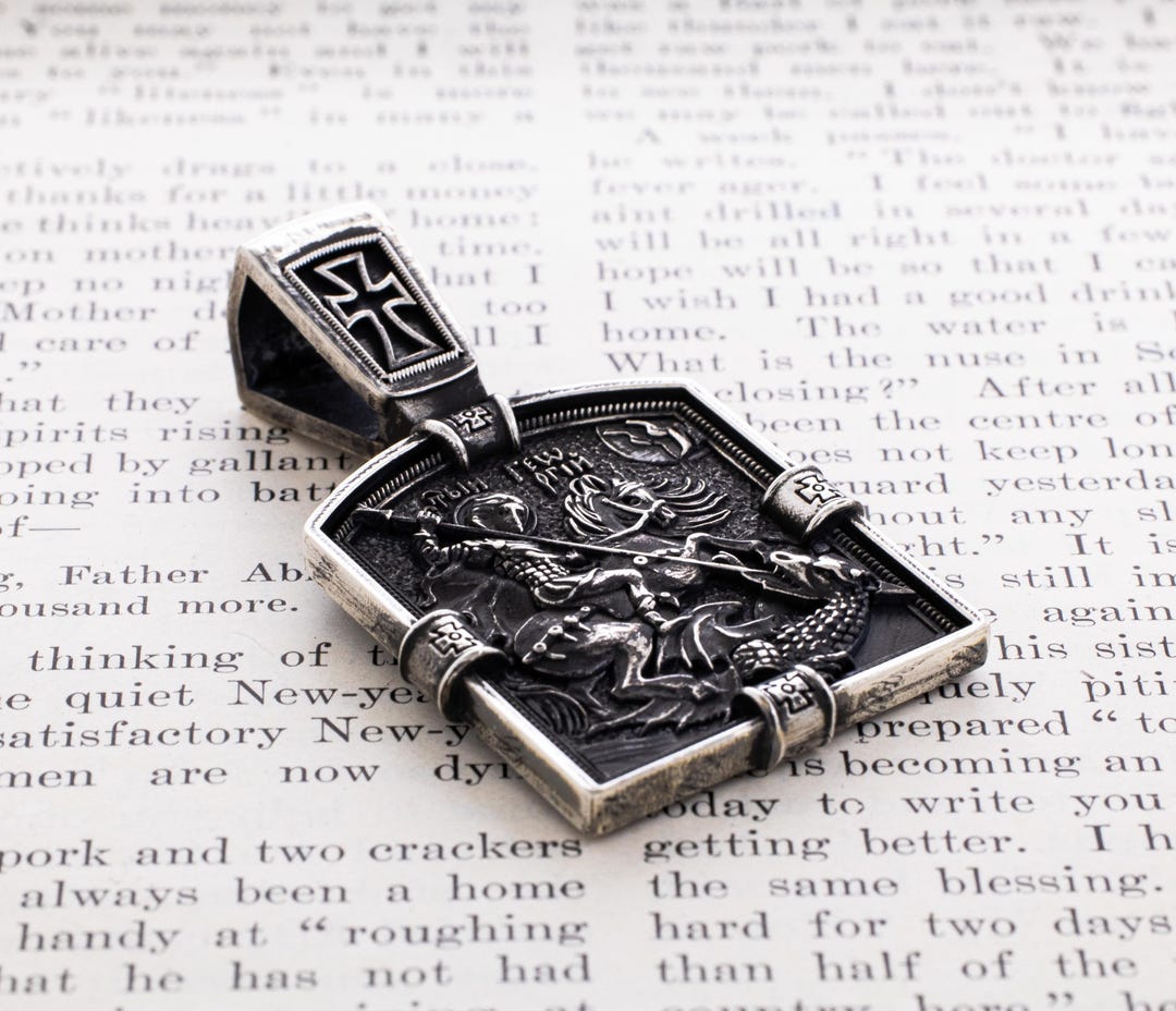 Saint George the Dragon Slayer Black Silver Thick Pendant, Heroic Angel ...