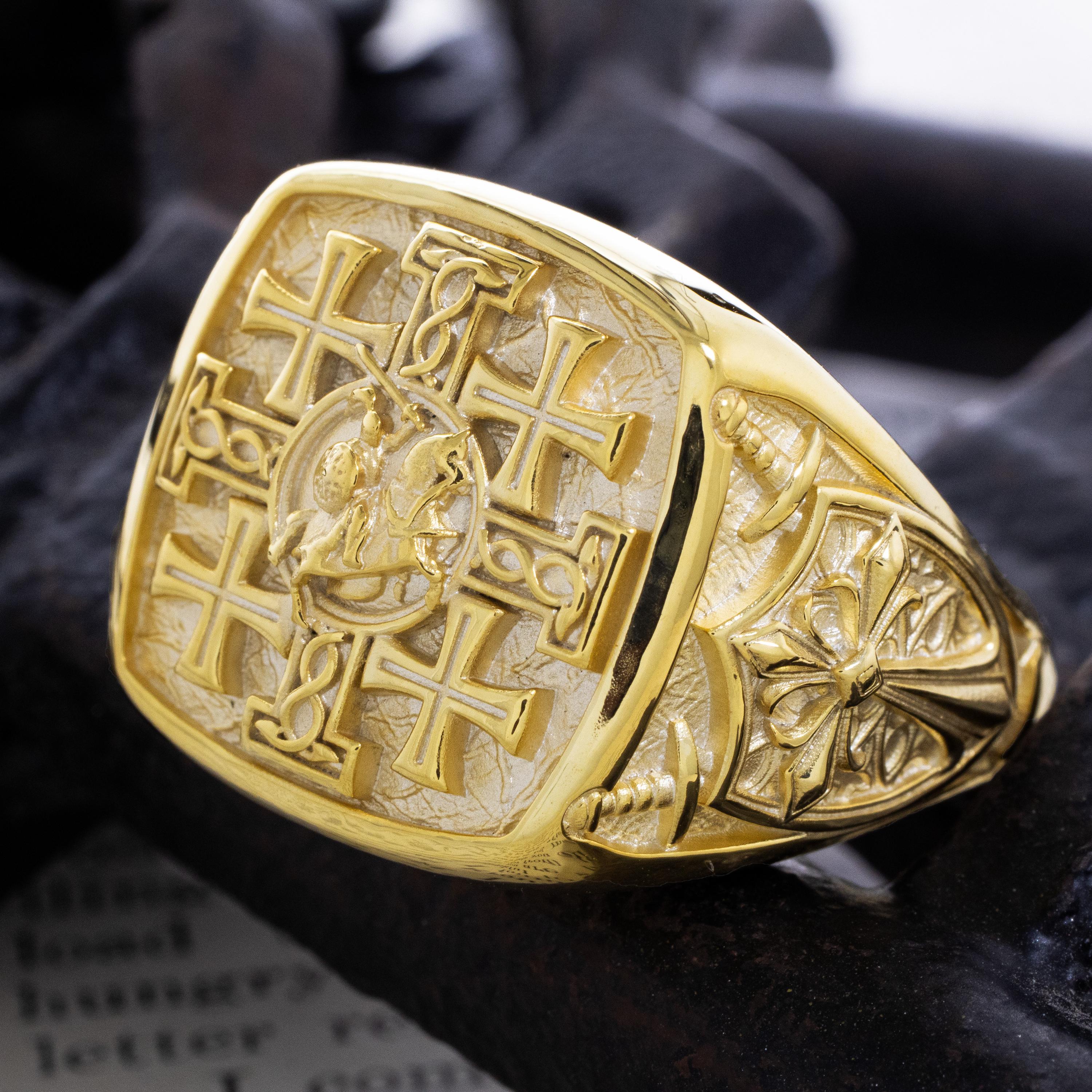 Jerusalem Cross Solid Gold Signet Ring, Knights Templar Christian Ring ...
