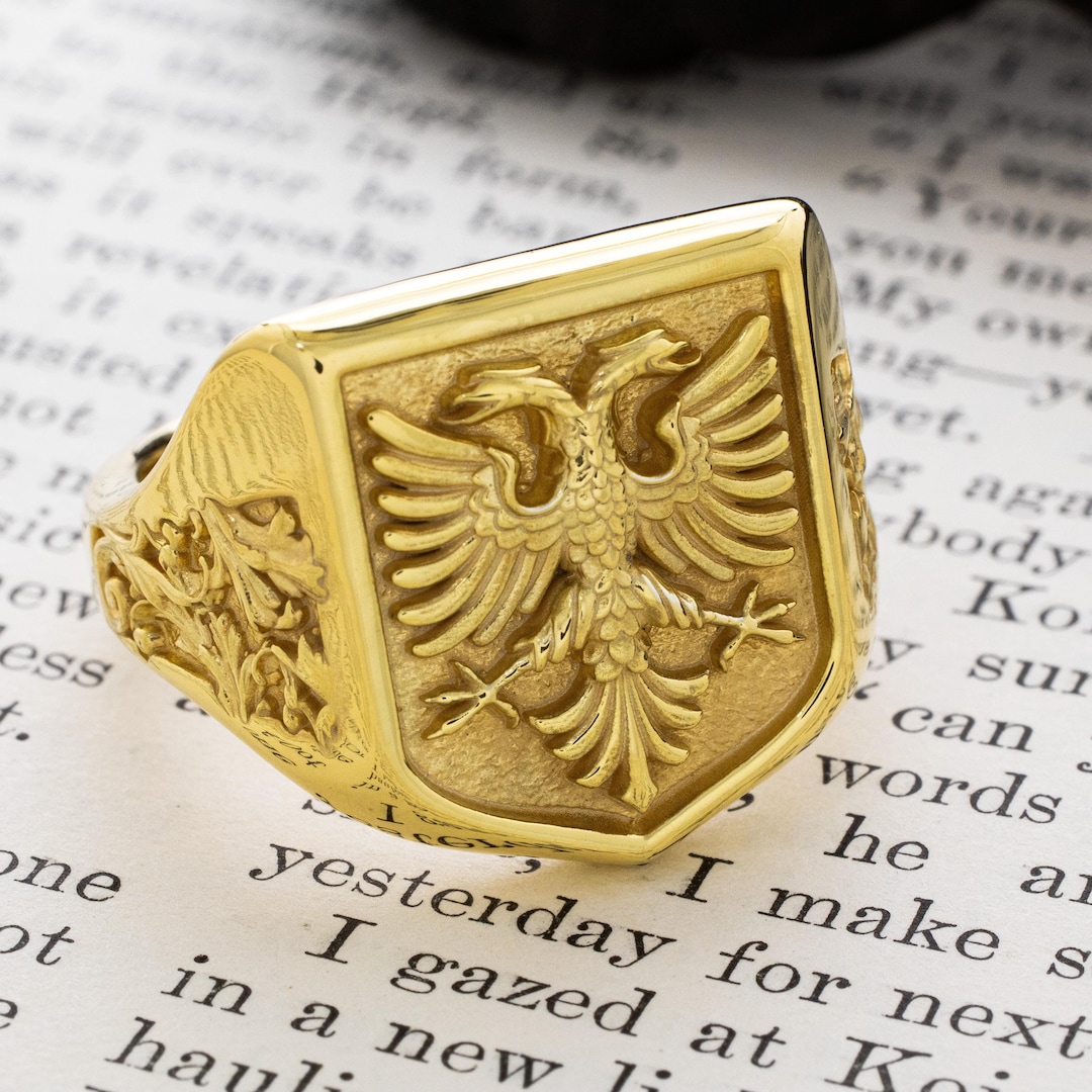 Solid Gold Albanian Eagle Signet Ring, Signet Ring for Men, Coat of ...