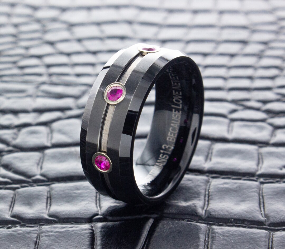 Triple Amethyst 8mm Tungsten Wedding Band, Gemstone Wedding Ring ...