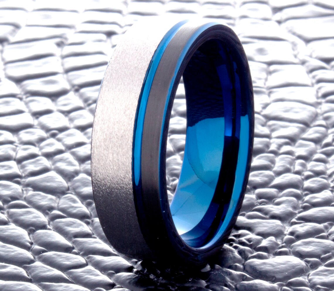 Tungsten Wedding Ring Blue Black Silver 8MM Tungsten Wedding | Etsy