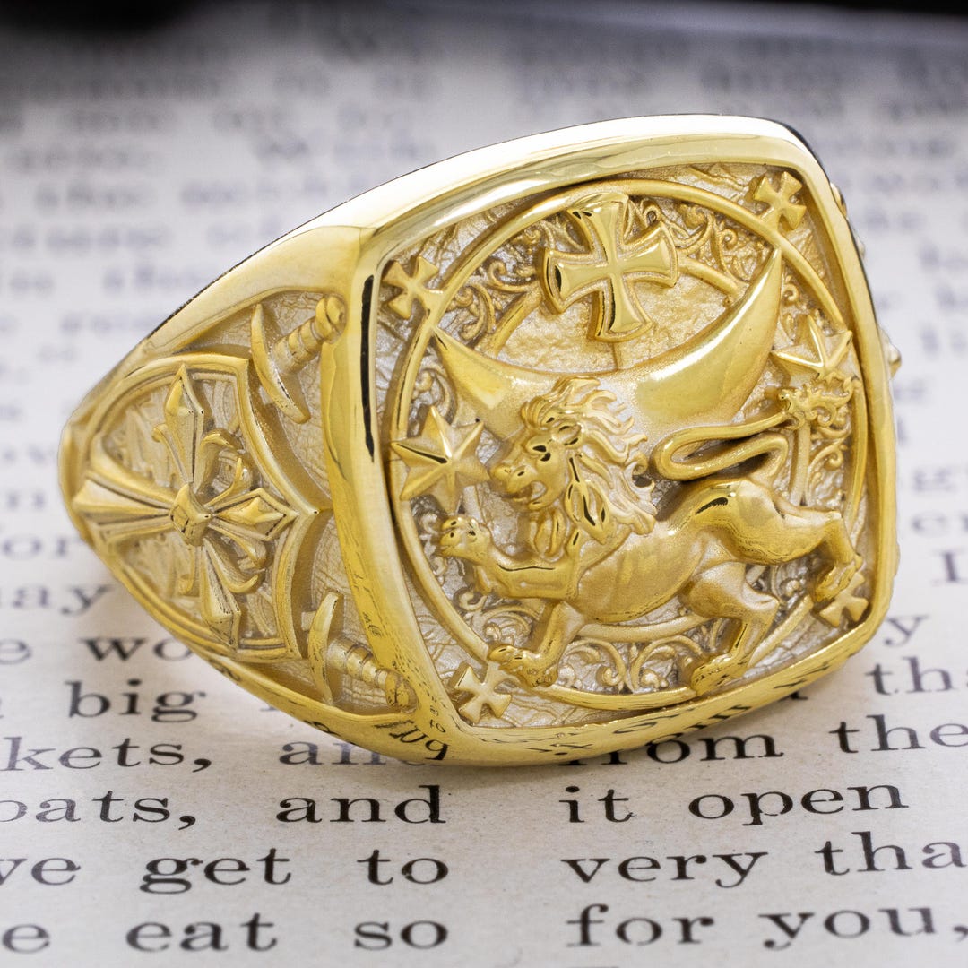 Templar Lion Solid Gold Signet Ring, Knights Templar Christian Ring for ...