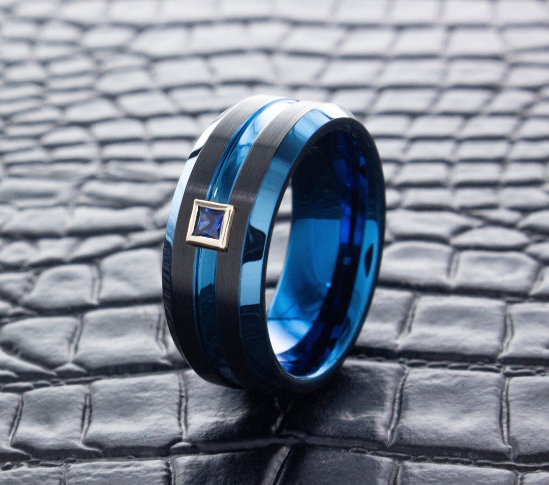 Black and Blue Tungsten Ring With Blue Sapphire, 8mm Gemstone Wedding ...