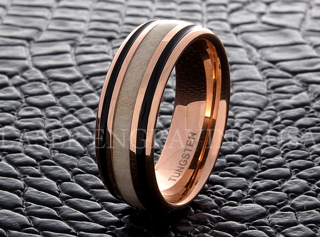 Tungsten Wedding Ring, Deer Antler Ring, Rose Gold Ring, Black Enamel ...