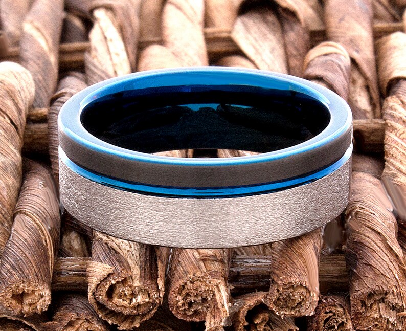 Tungsten Wedding Ring Blue Black Silver 8MM Tungsten Wedding | Etsy