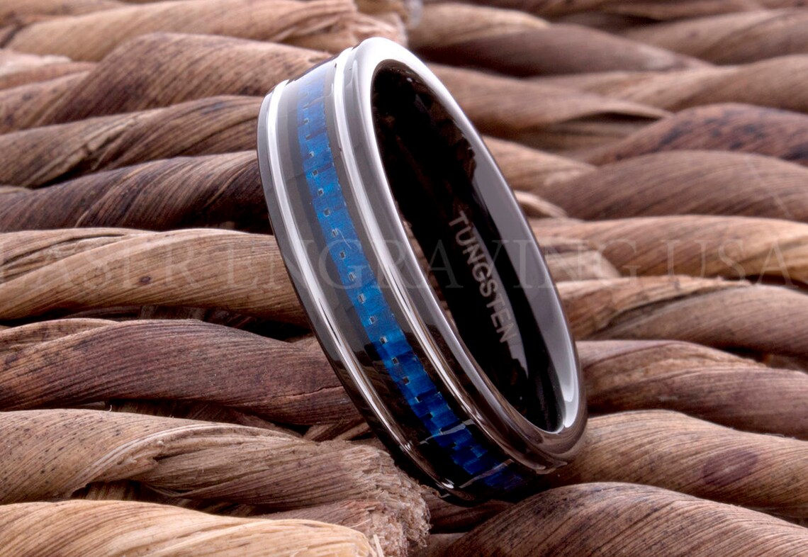 Tungsten Wedding Ring Blue Silver Stripe Carbon Fiber 6MM - Etsy