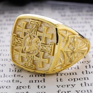 Jerusalem Cross Solid Gold Signet Ring, Knights Templar Christian Ring ...