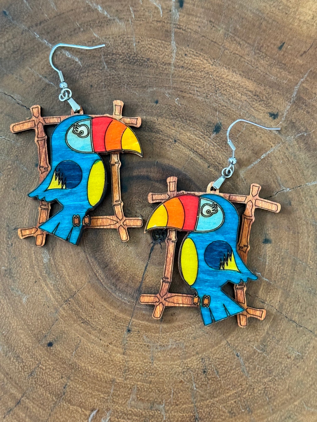Handcrafted Wooden Tiki Room Blue Toucan Retro Earrings - Etsy