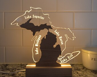 Michigan Wall Sign, Edge Lit Multi-color LED Art Décor, Wood & Acrylic ...