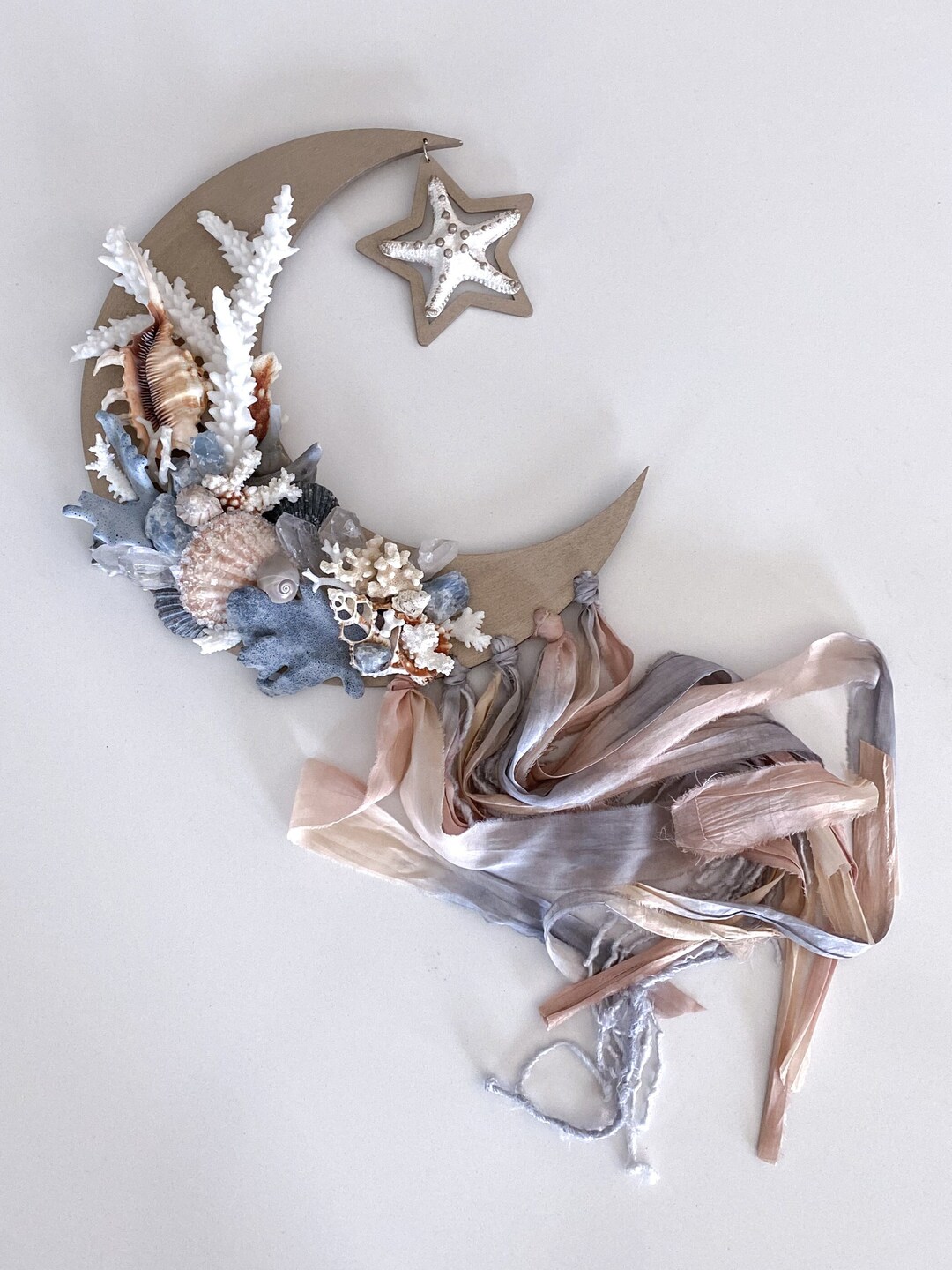 Moon Dream Catcher - Seashell Gemstone Wall Art - Crescent Moon ...