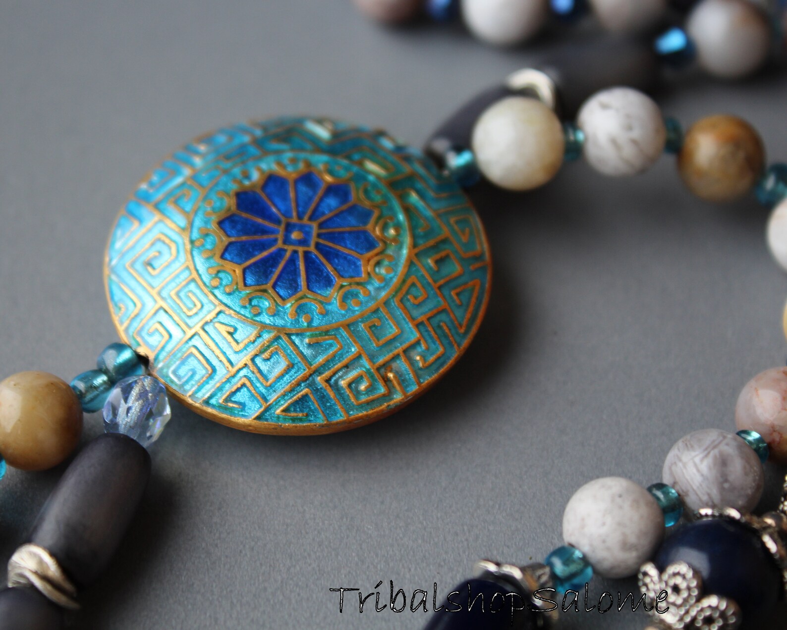 Handmade Long Elegant Beaded Necklace in Blue and Grey Colors With ...