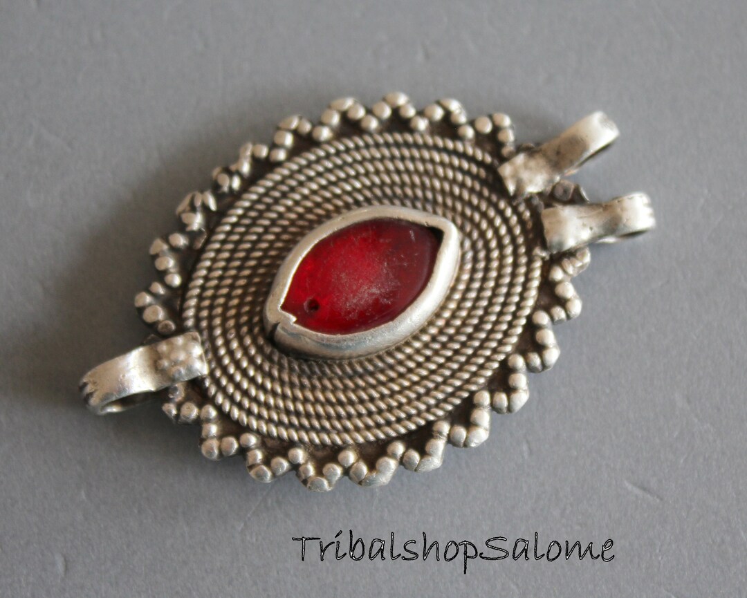 Afghan Silver Pendant Connector With Red Glass Jewel - Etsy