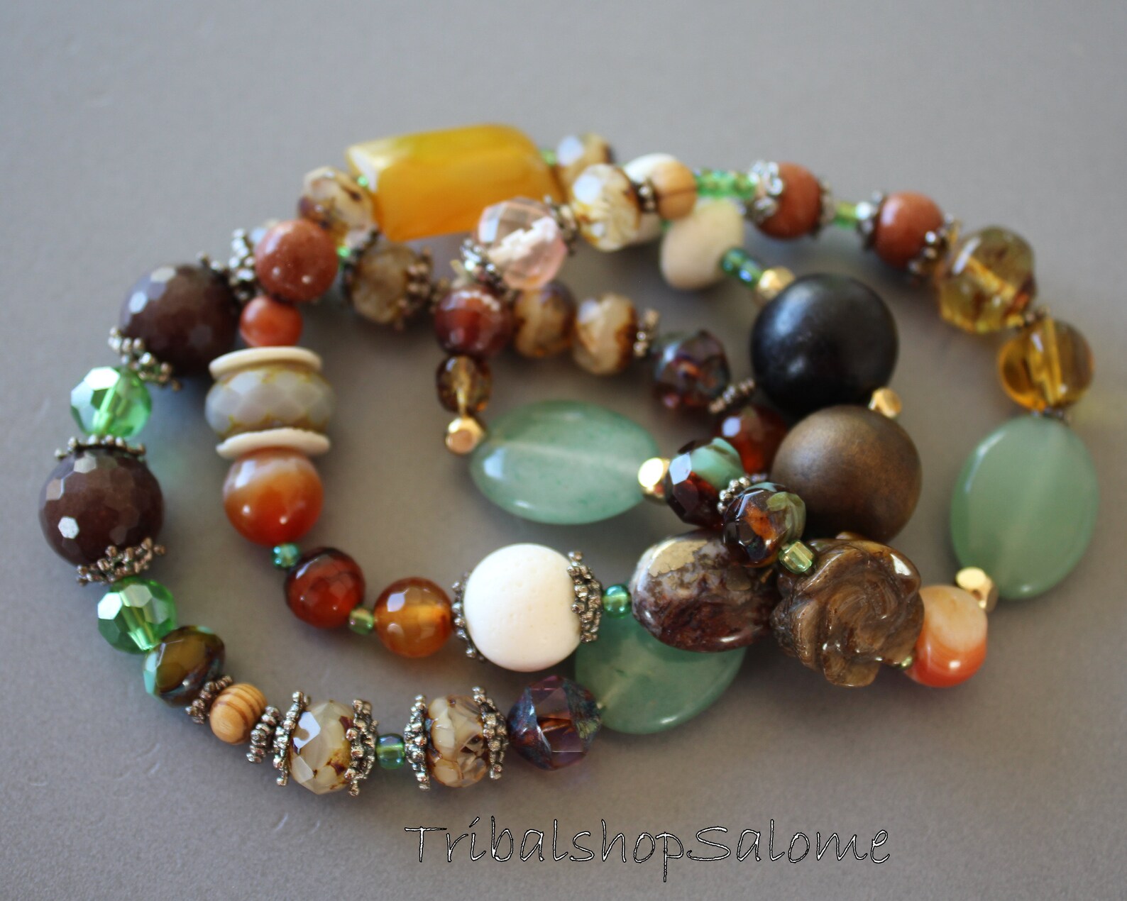 Set of Three Beaded Bracelets Made of Semiprecious Gemstones, Pearls ...
