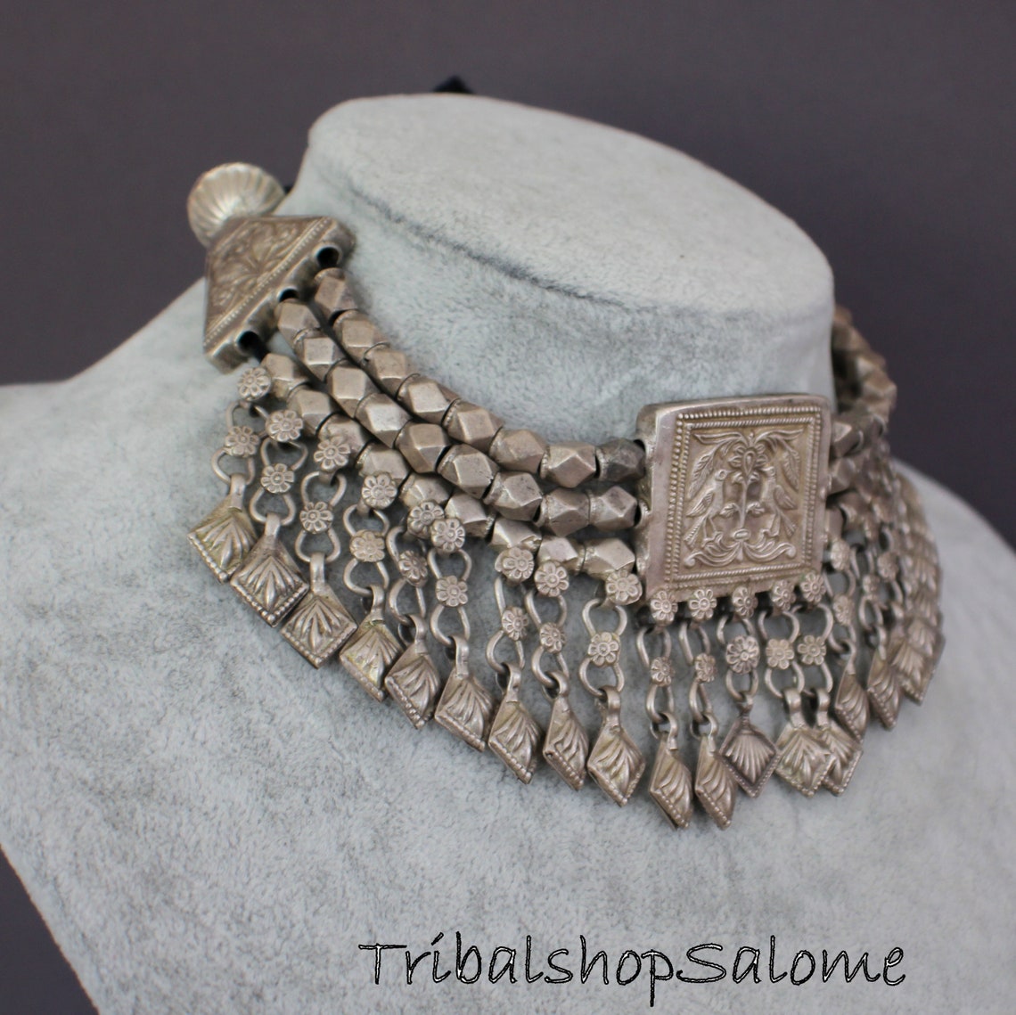 Antiker Silber-Choker mit Blatt-Anhängern, Ethno Nomaden Halsschmuck ...