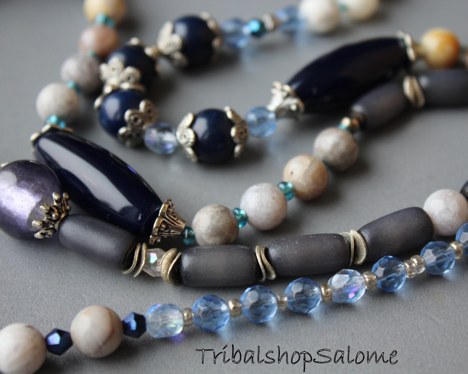 Handmade Long Elegant Beaded Necklace in Blue and Grey Colors With ...