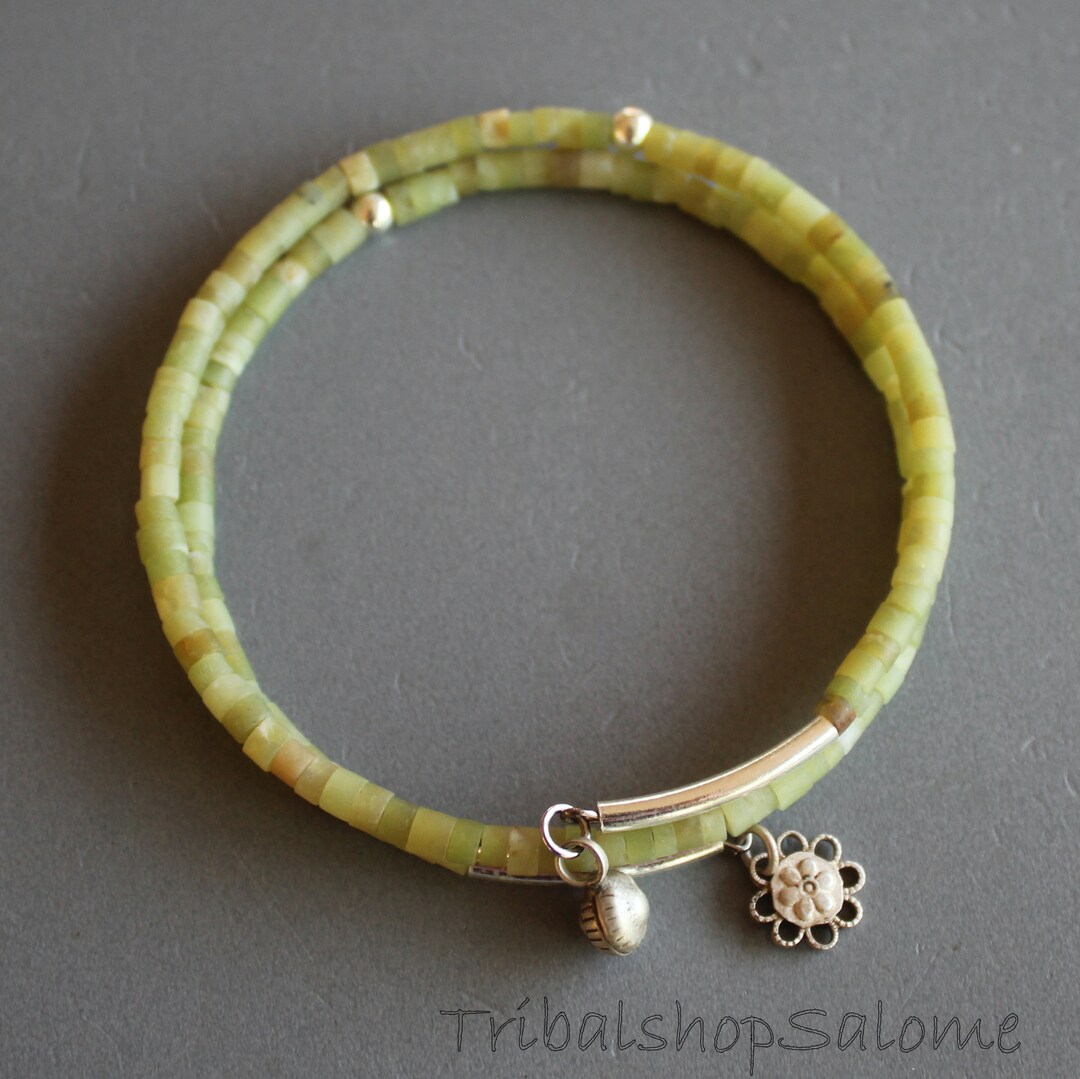Two Row Pale Yellow Green Jade Bracelet With Silver Charms - Etsy