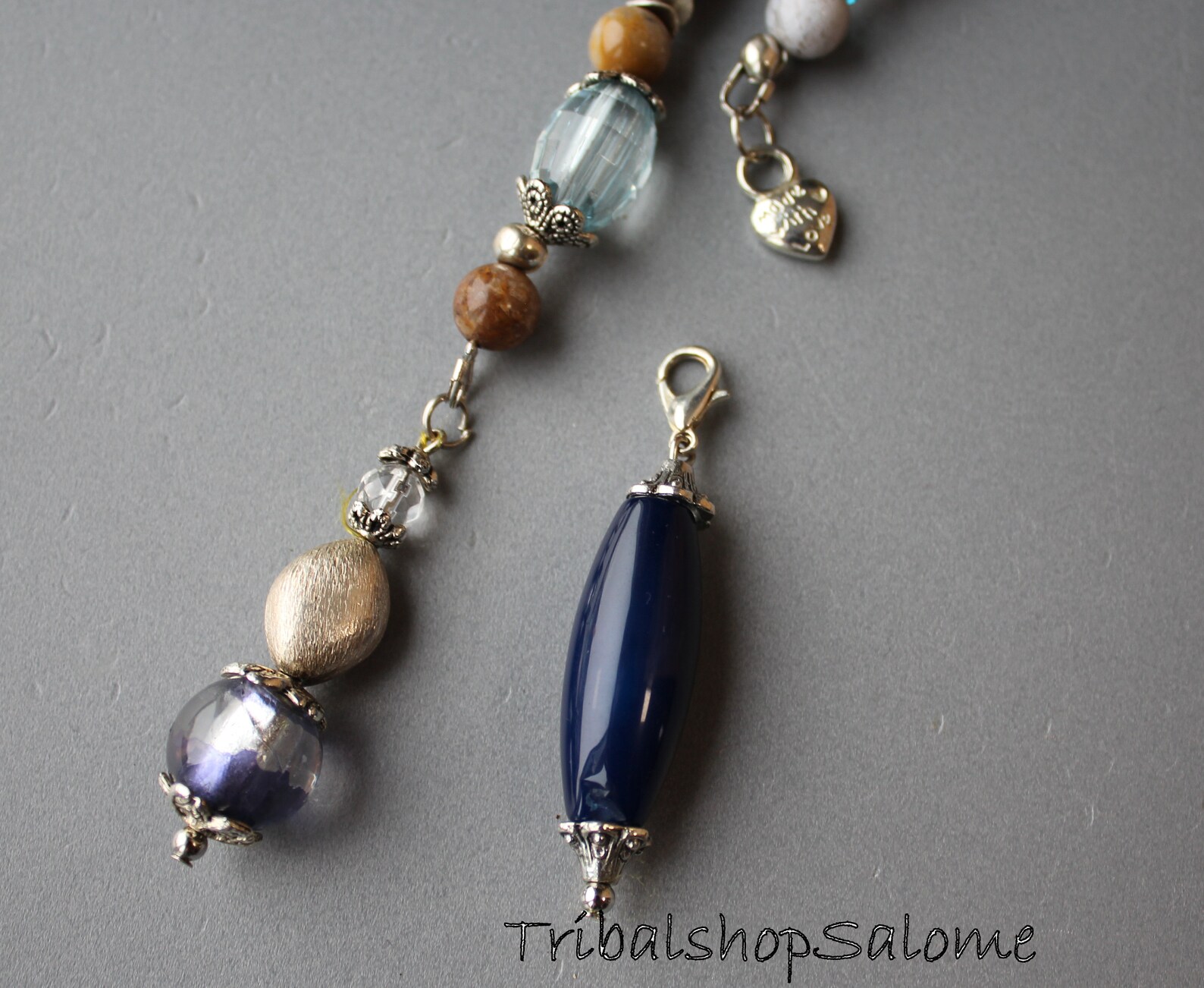 Handmade Long Elegant Beaded Necklace in Blue and Grey Colors With ...