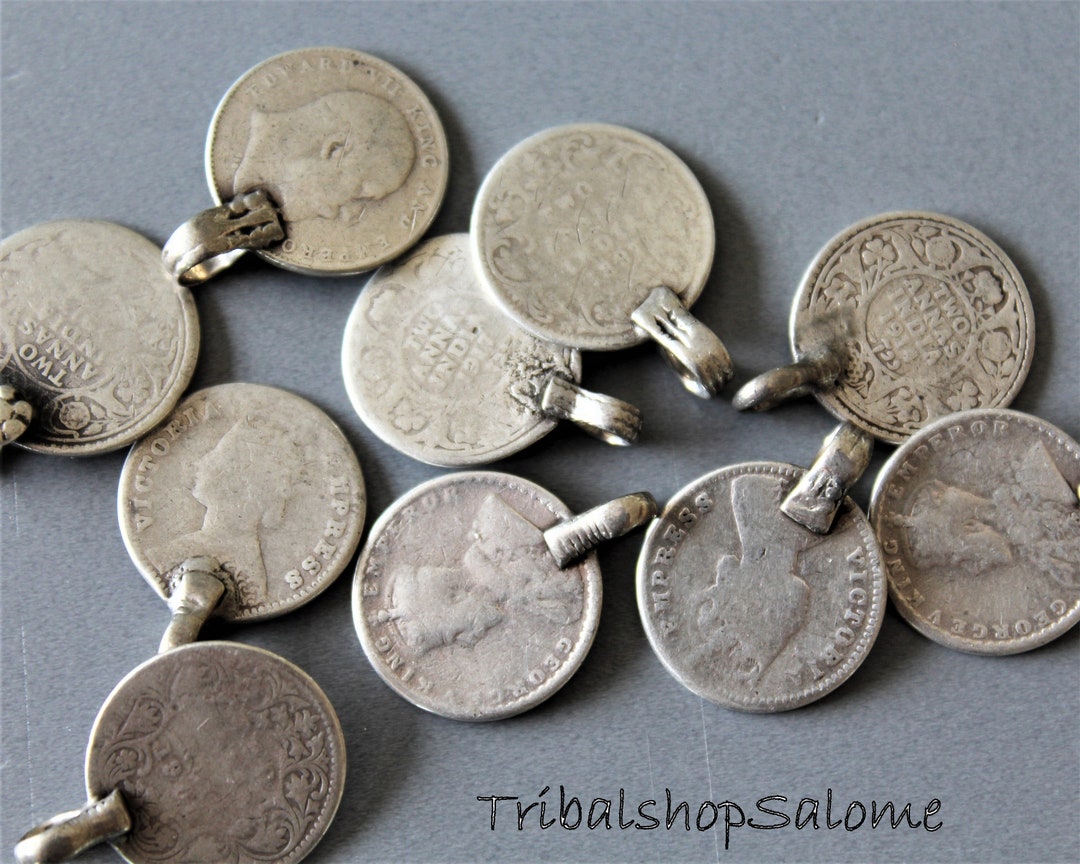 Old Small Indian Silver Coin, Two Anna-coin, 20 Mm Long, 3 Mm Hole - Etsy