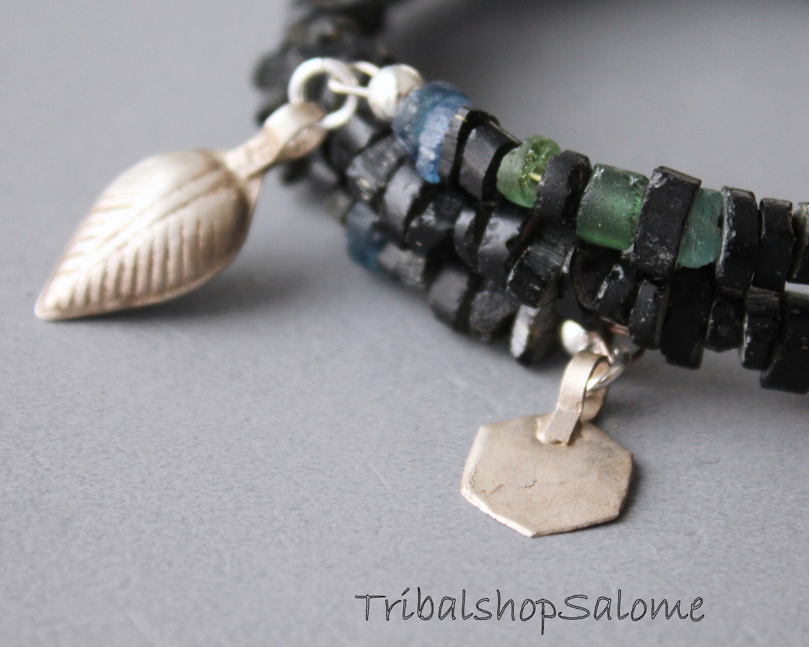 2-row Bracelet of Dark Rough Cut Ancient Roman Glass Beads With 2 ...