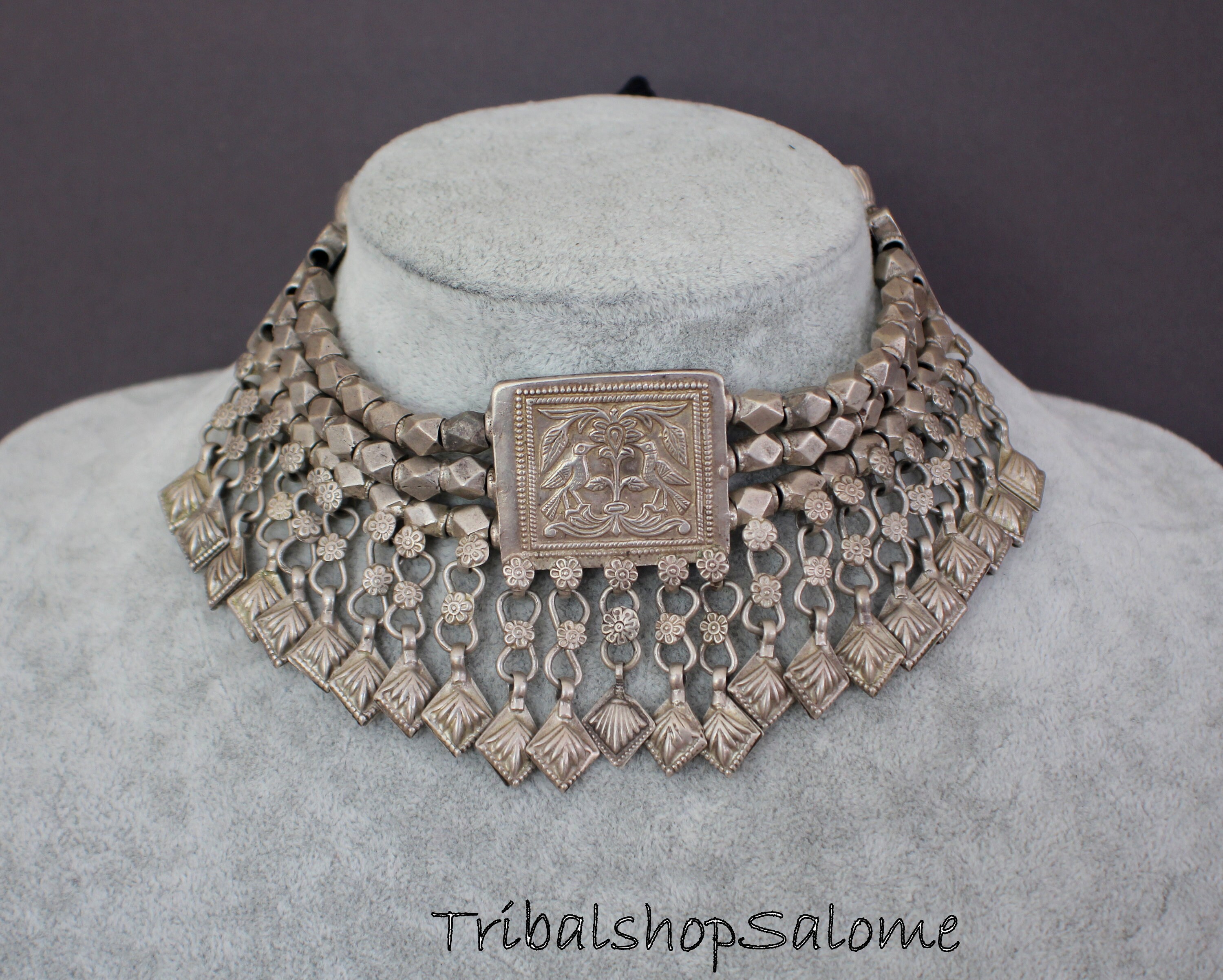 Antiker Silber-Choker mit Blatt-Anhängern, Ethno Nomaden Halsschmuck ...