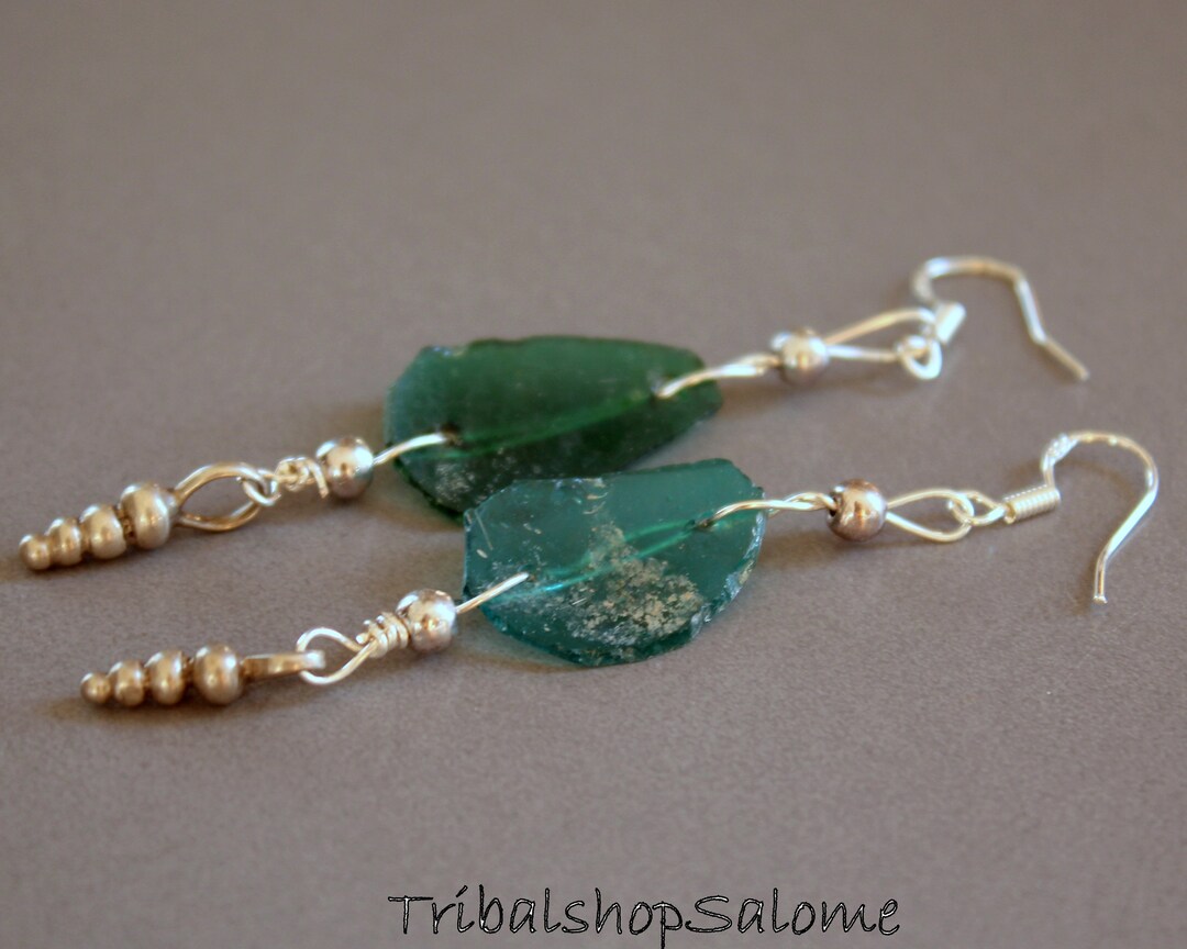 Ancient Roman Glass Shard Earrings, Handmade Teal Glass Earrings With ...