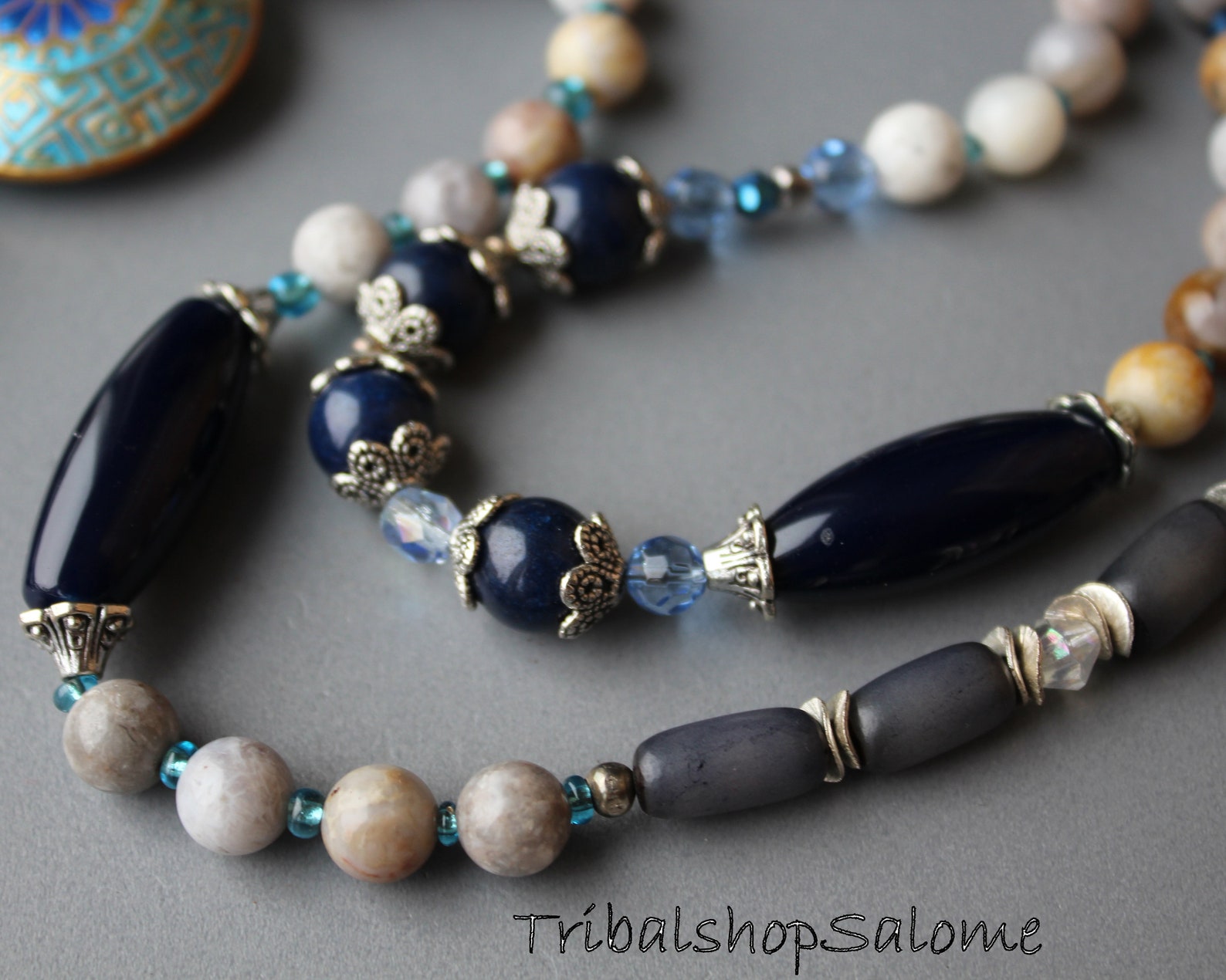 Handmade Long Elegant Beaded Necklace in Blue and Grey Colors With ...