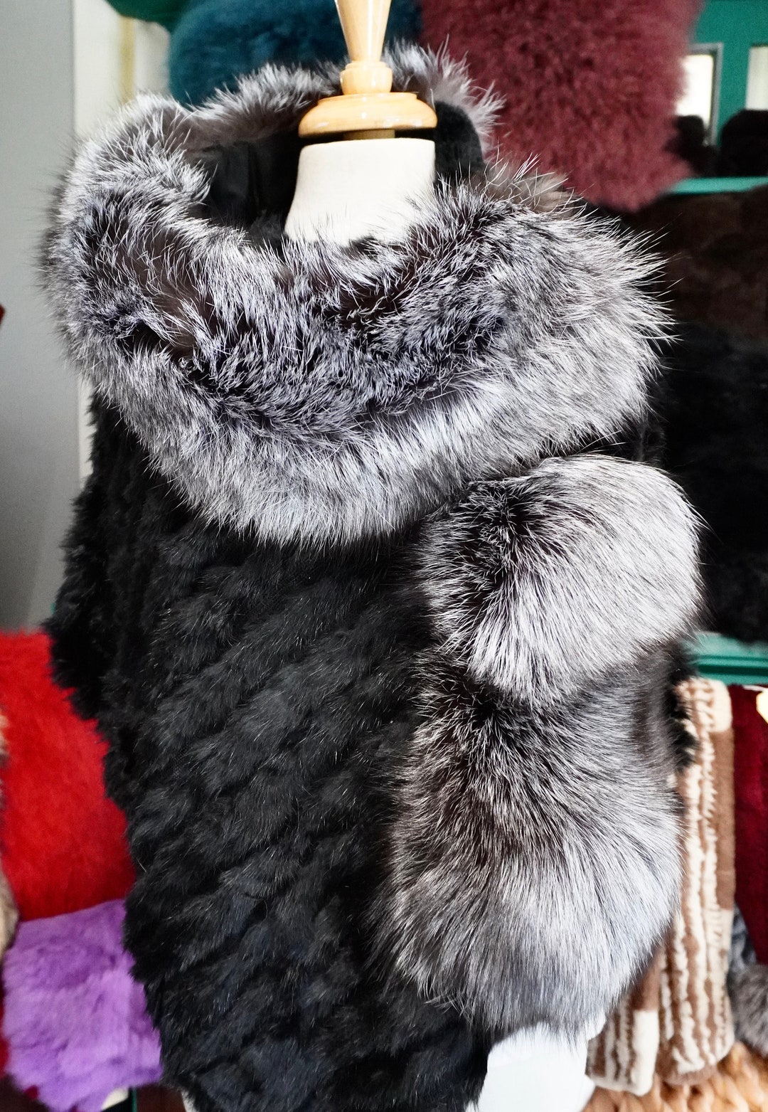 A Gorgeous Extra Long Silver Fox and Black Rex Rabbit Scarf/ Stole Wrap ...