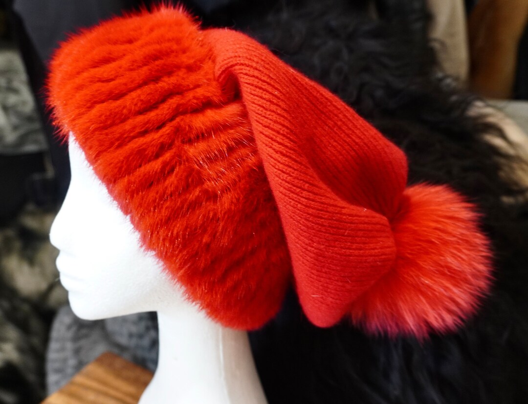 Beautiful Bright Red Pure Merino Beanie With Genuine Mink Trim and Fox ...